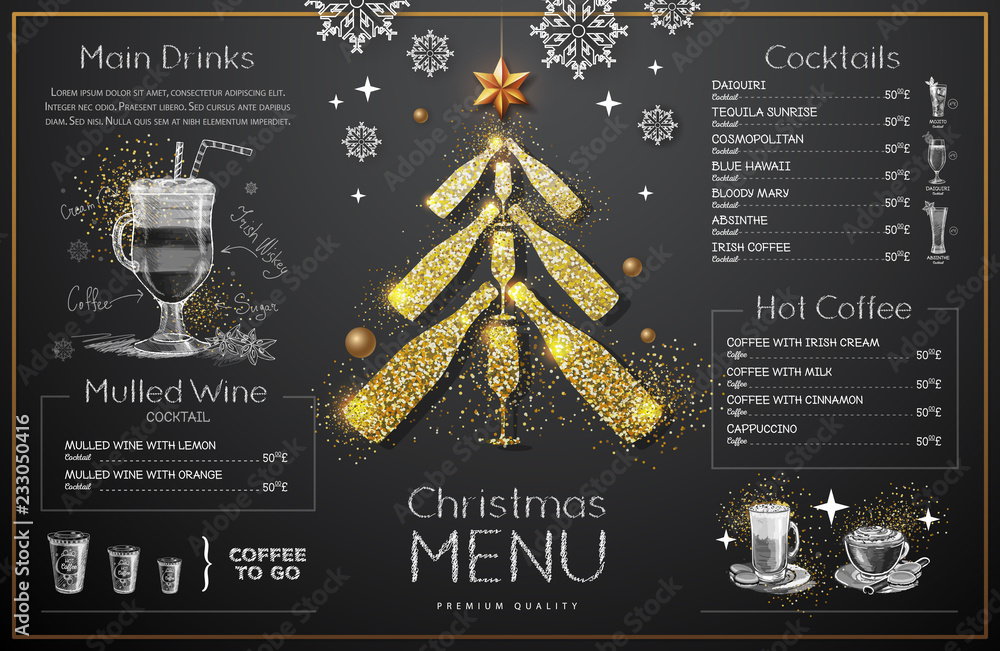 Christmas menu design with golden champagne glasses. Restaurant menu ...