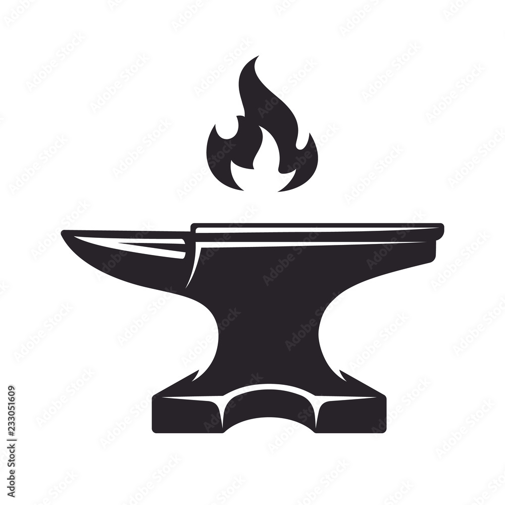 Vintage anvil and fire, monochrome icon, blacksmith tools. Vector ...