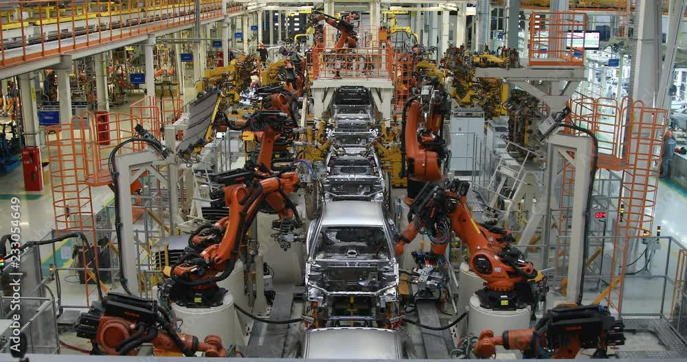 body of car on conveyor top view. Modern Assembly of cars at the plant ...