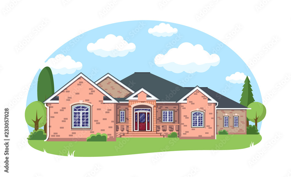 Cartoon house exterior with blue clouded sky Front Home Architecture ...