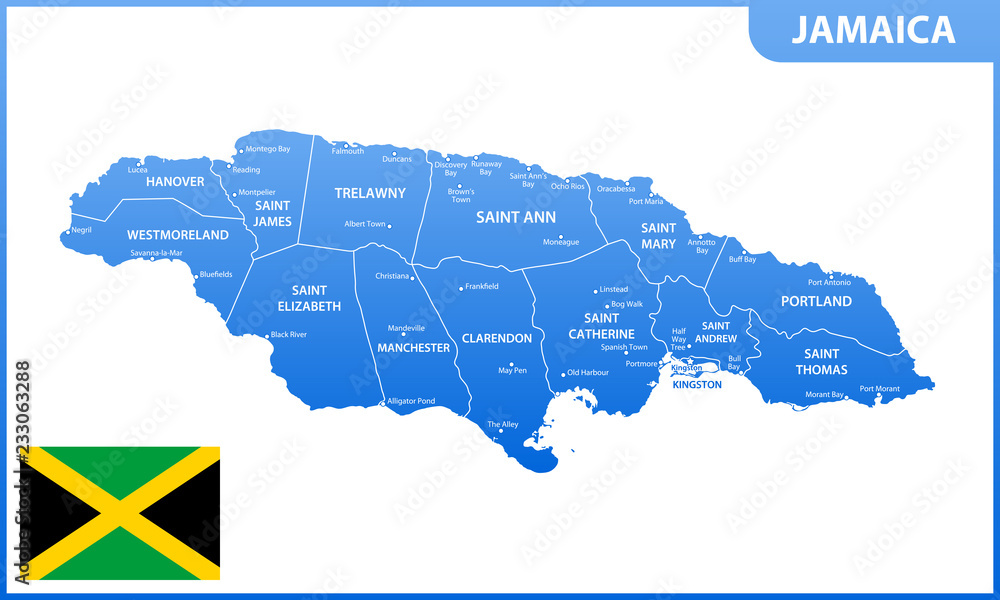 The detailed map of Jamaica with regions or states and cities, capital ...