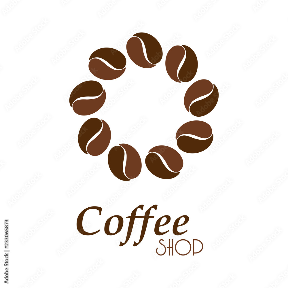 Logotipo abstracto con granos de café en círculo y texto Coffee Shop en ...