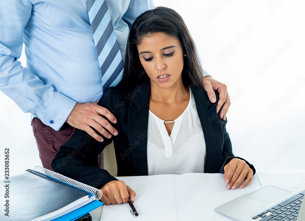 Sexual harassment at work. Disgusted employee being molested by her ...