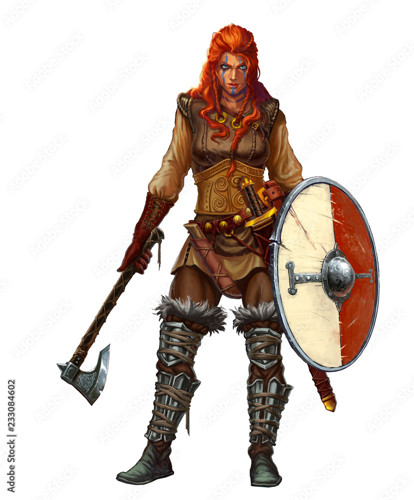 Girl viking fighter with sword and ax and shield and red hair smiling ...