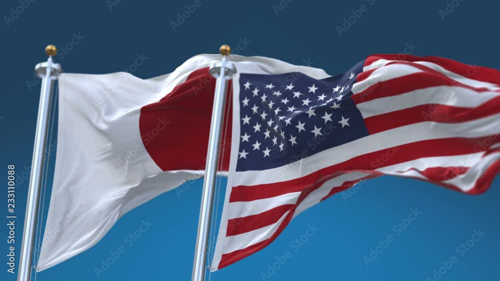 4k Seamless United States of America And japan Flags with blue sky ...