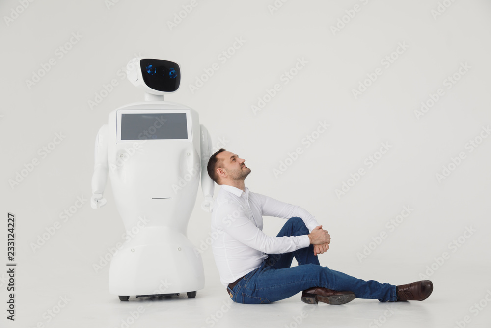 Humanoid autonomous robot with stylish man in a suit. Modern Robotic ...