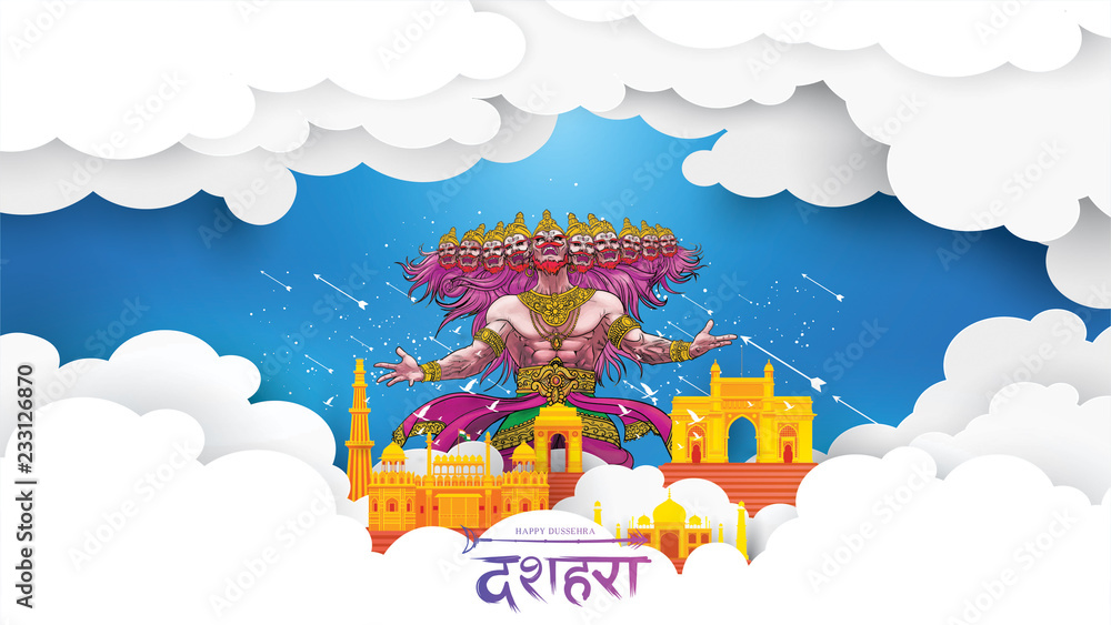 vector illustration of Lord Rama killing Ravana in Happy Dussehra ...