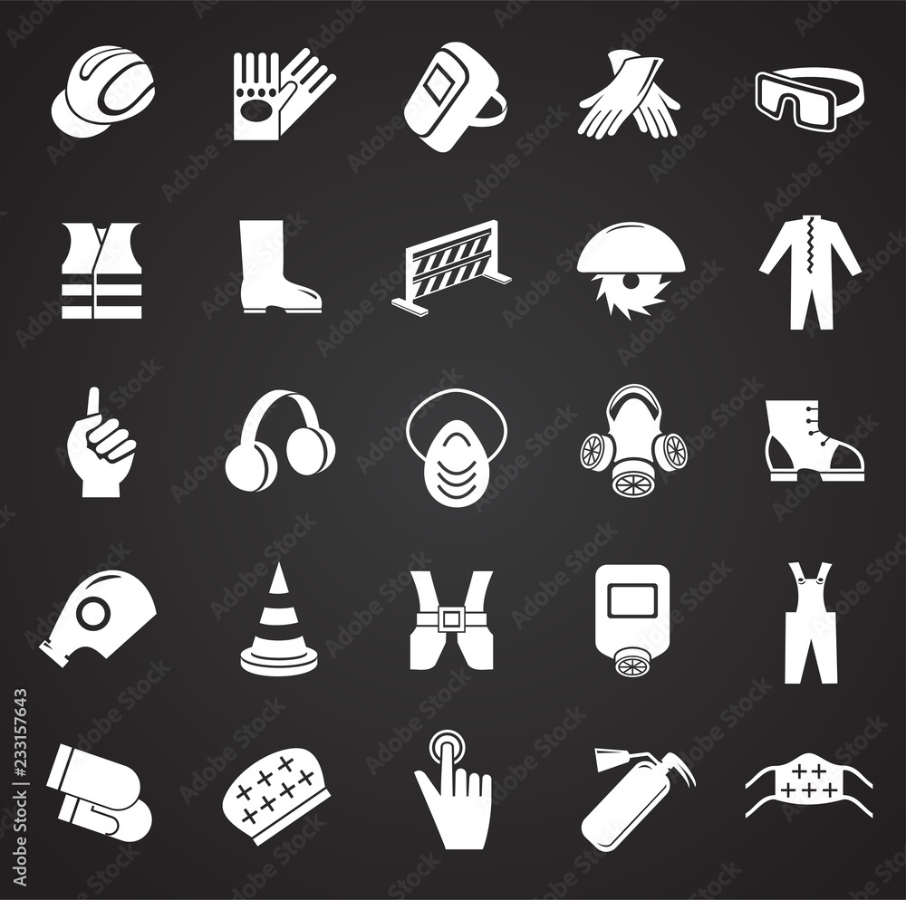 Industrial safety signs set on black background icons Stock Vector ...