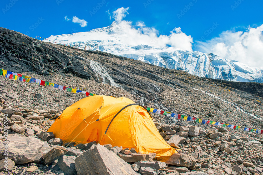 Tent in the Everest base camp. Mountain peak Everest. Highest mountain ...