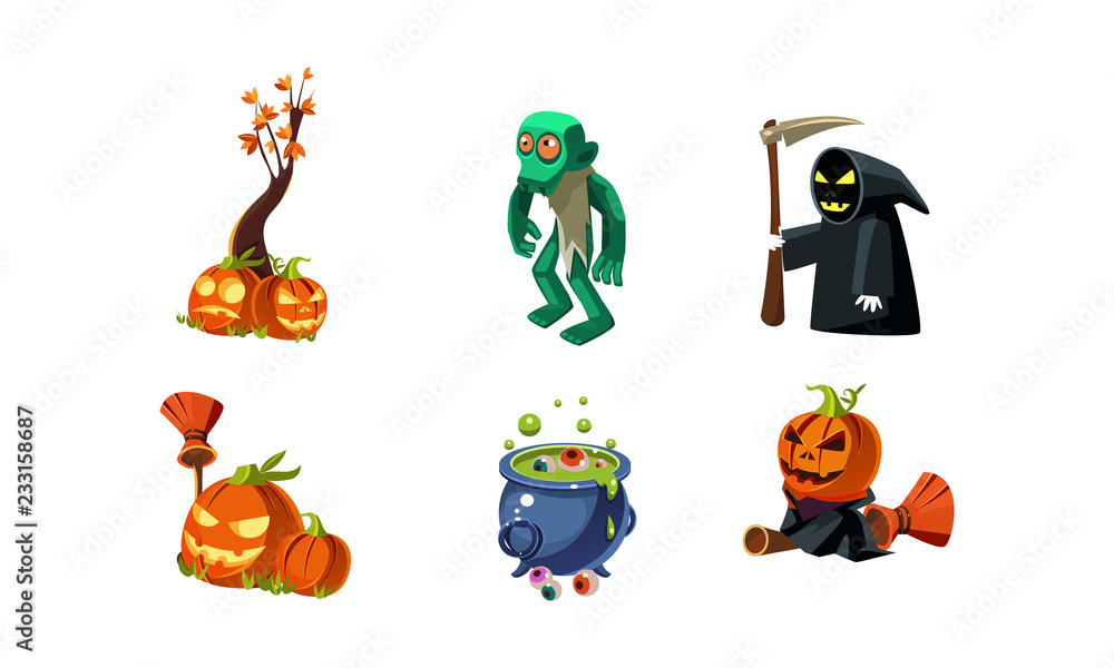 Halloween related objects and creatures set, zombie, scary pumpkin ...