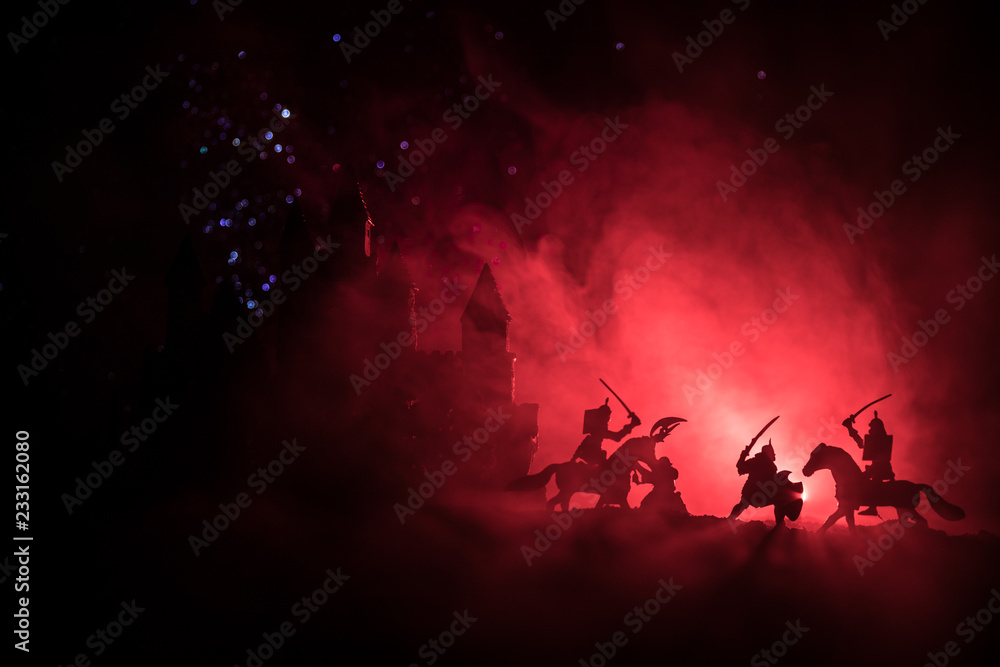 Medieval battle scene with cavalry and infantry. Silhouettes of figures ...
