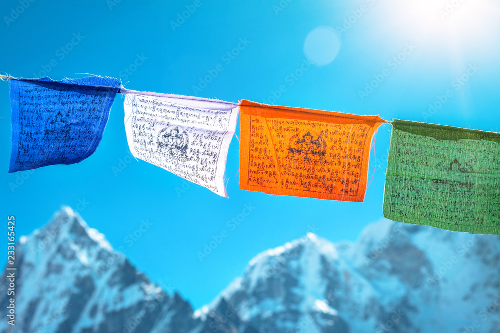 Tibetan flags with mantra on sky background, Nepal Stock Photo | Adobe ...