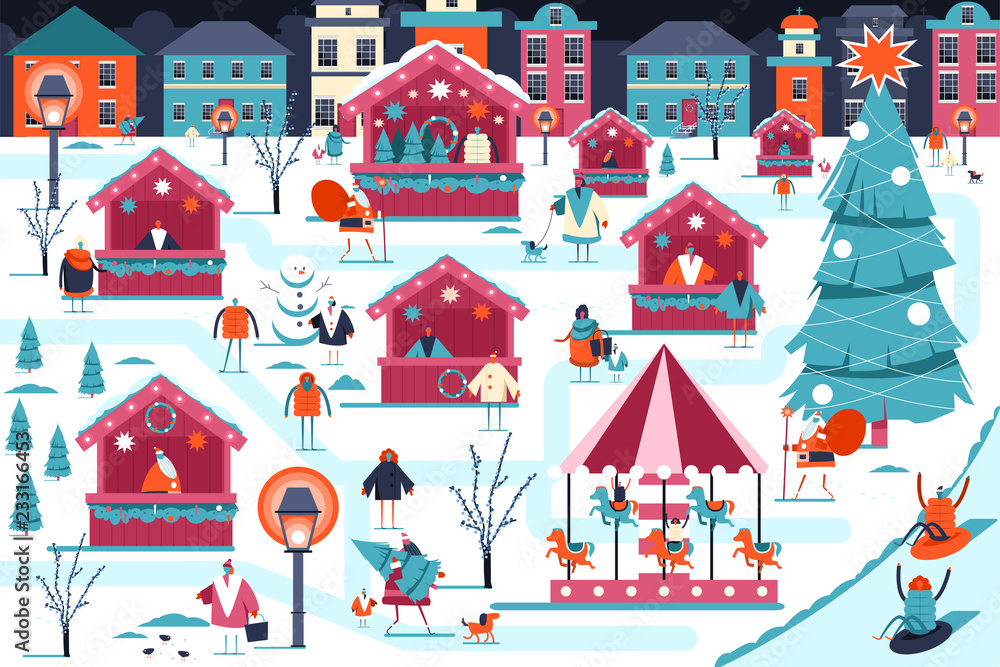 Christmas market vector illustration. Xmas fair with street food stores ...