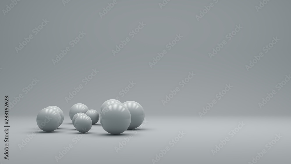 3d rendering of several sized reflected spheres inside a white studio ...