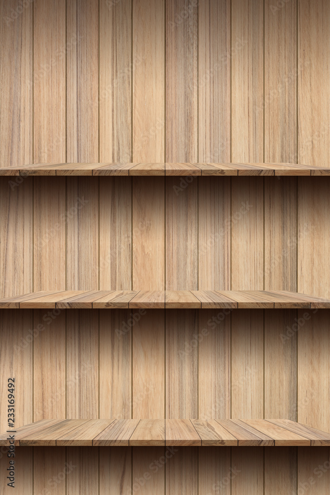 Blank wooden shelf on wood texture background. For montage product ...