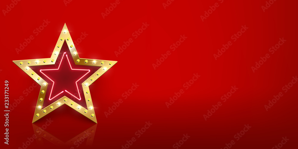 Shiny golden star sign with light bulbs and neon with mirror reflection ...