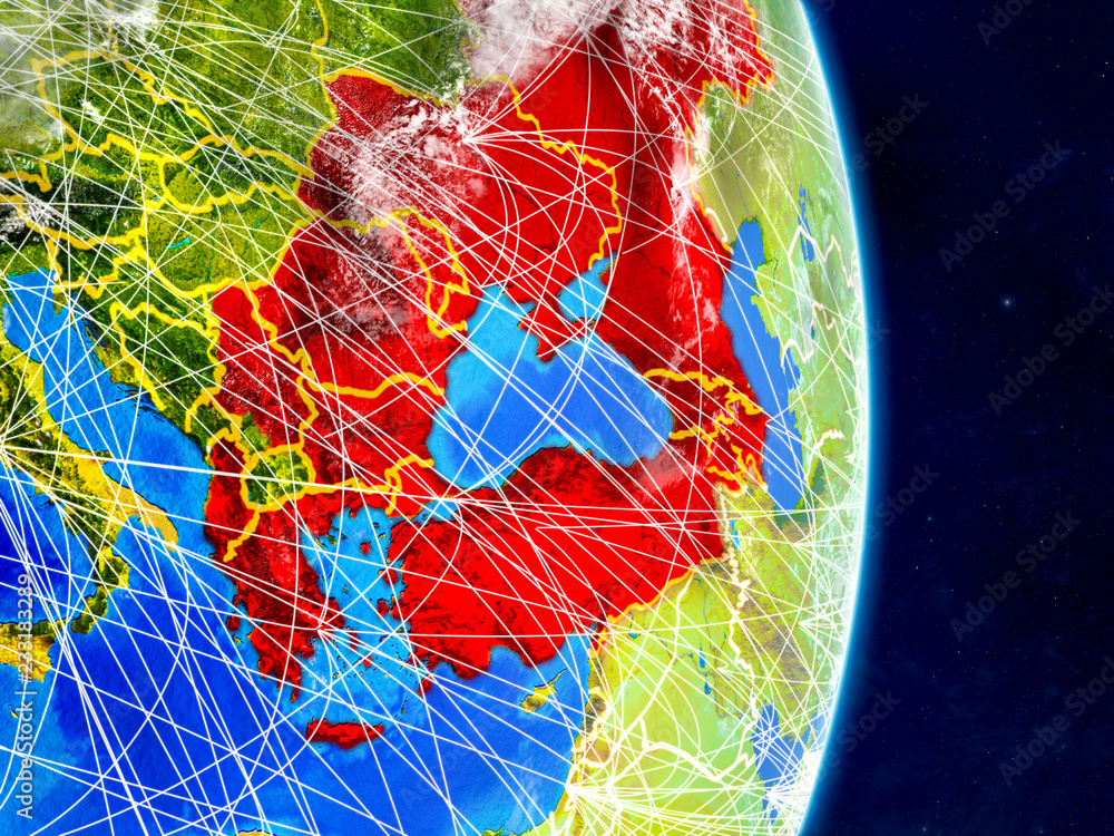 BSEC countries on planet Earth with networks. Extremely detailed planet ...