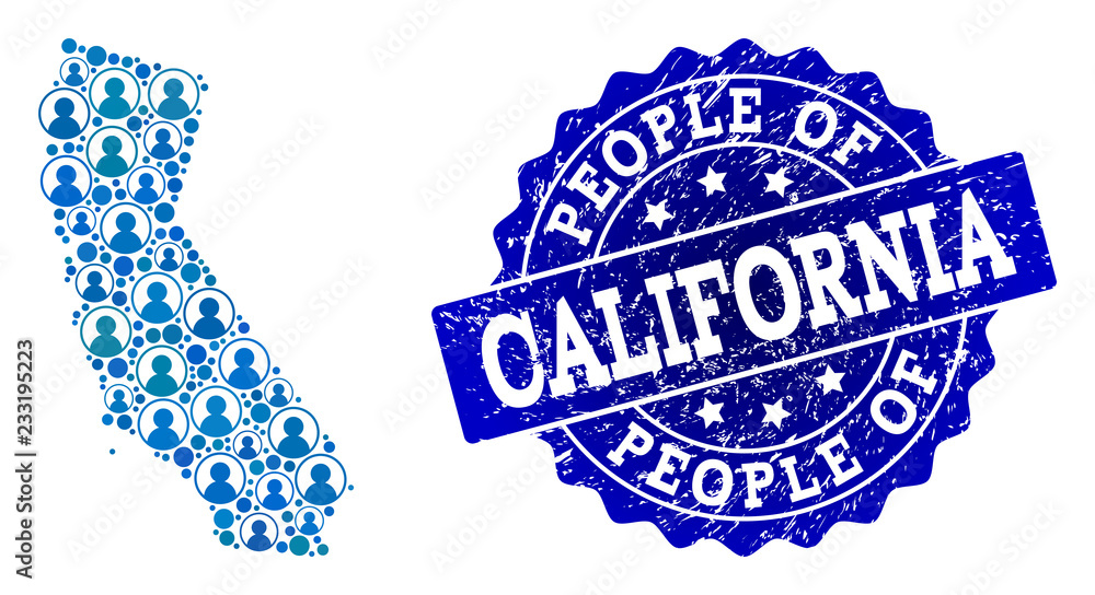 People collage of blue population map of California and scratched stamp ...