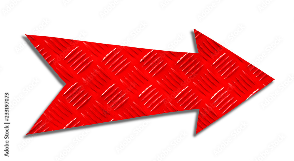 Red metallic iron direction arrow sign with steel checker plate (or ...