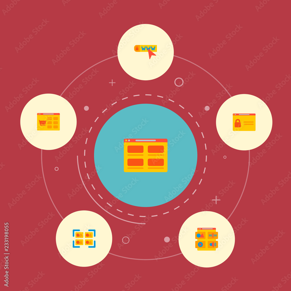 Set of wd icons flat style symbols with login page, domain, shop page ...