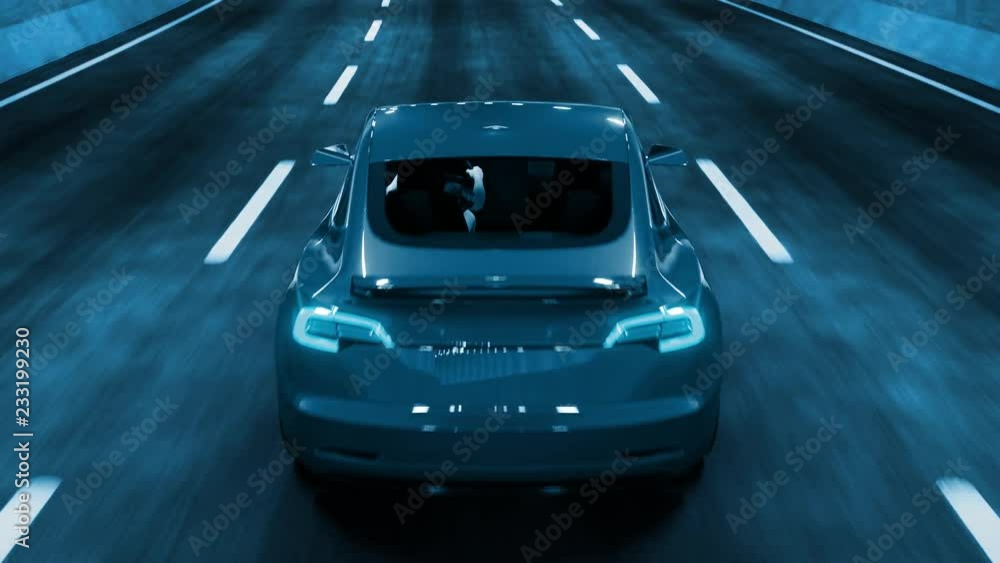 Modern Electric car rides through tunnel with cold blue light style ...