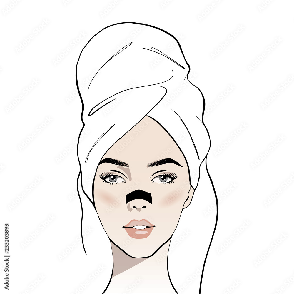 A woman wears a towel on her head with black Nose pack, vector ...