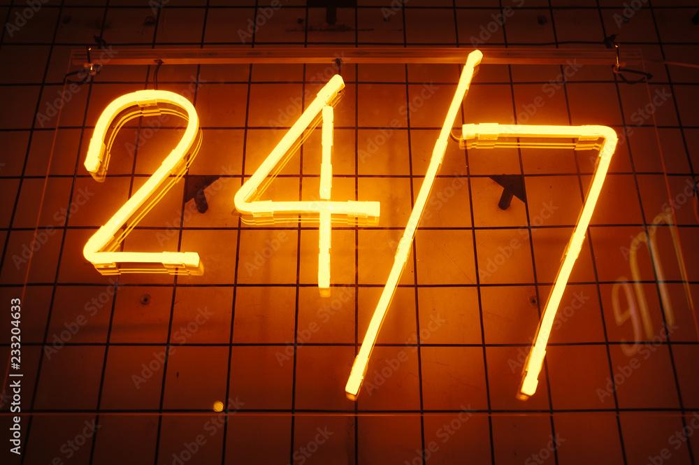 24 7 bar neon red signboard. Open sign. Day and night working. 24 hour ...