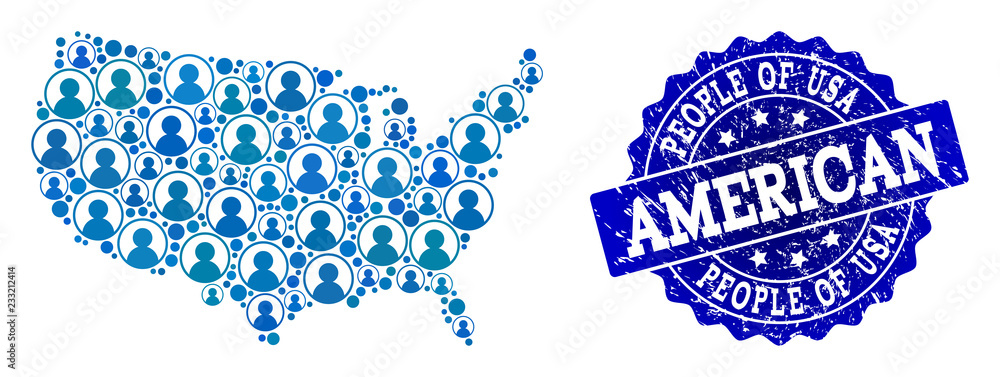 People combination of blue population map of USA and rubber seal ...