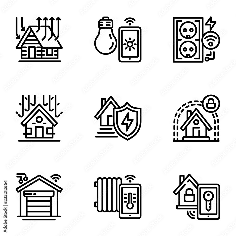 Smart building icon set. Outline set of 9 smart building vector icons ...
