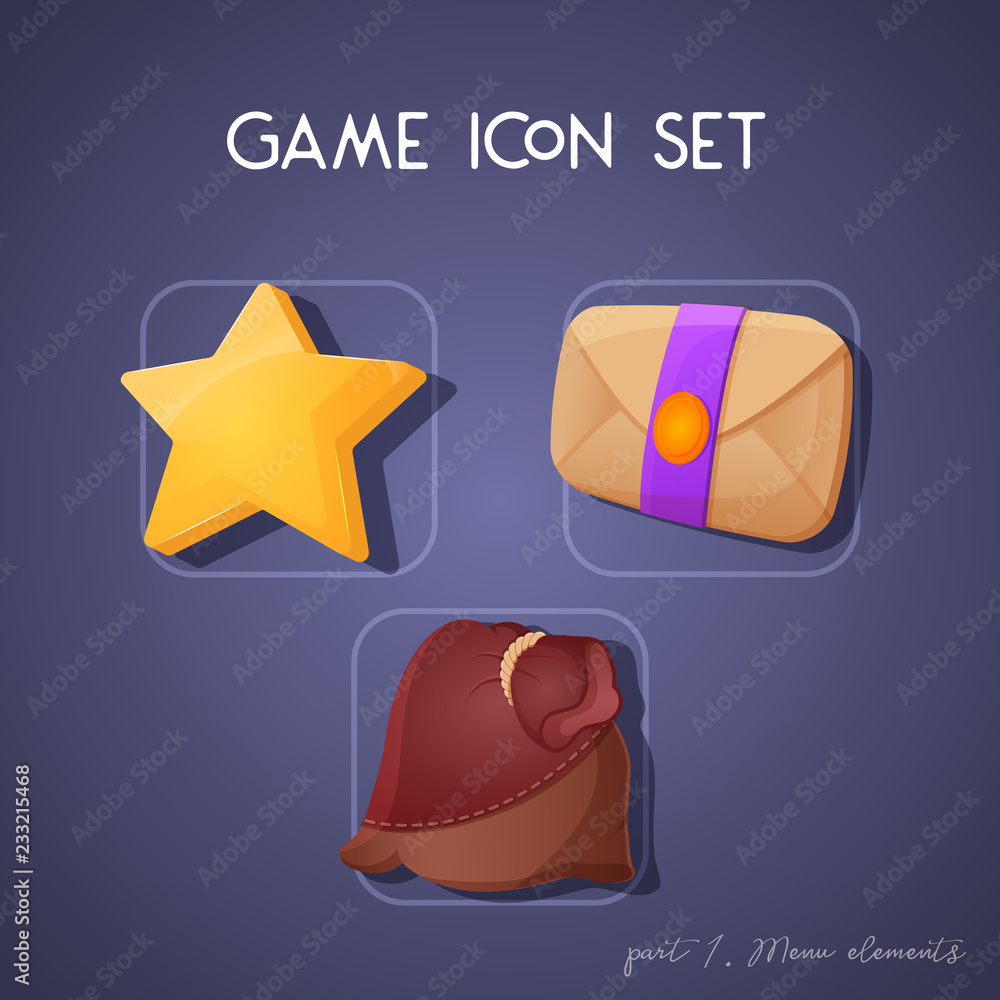 Set of game icon in cartoon style. Menu elements: star, letter and ...