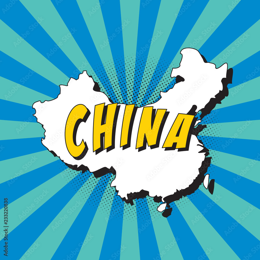 map of china in retro pop art style with radial lines and halftone dots ...