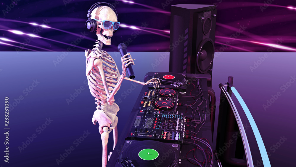 DJ Bones, human skeleton with microphone playing music on turntables ...