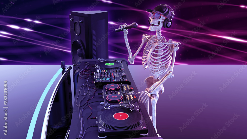 DJ Bones, human skeleton with microphone and hat playing music on ...