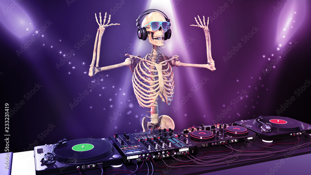 DJ Bones, human skeleton with hands up playing music on turntables ...