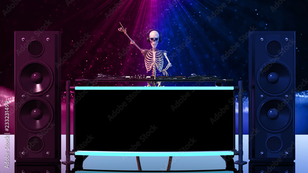 DJ Bones, human skeleton playing music on turntables, skeleton with ...