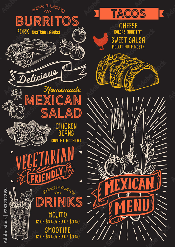 Mexican menu food template for restaurant with doodle hand-drawn ...