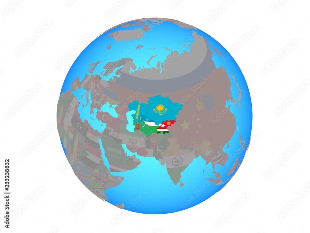 Central Asia with national flags on blue political globe. 3D ...
