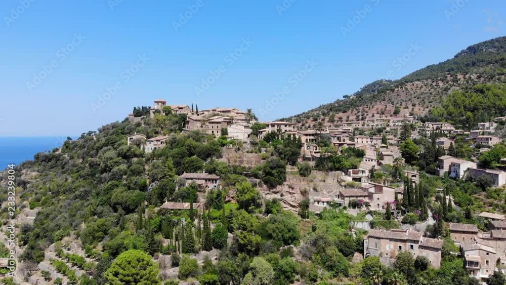 Flight over Mountain Village Deia in Mallorca Tramuntana Mountains ...