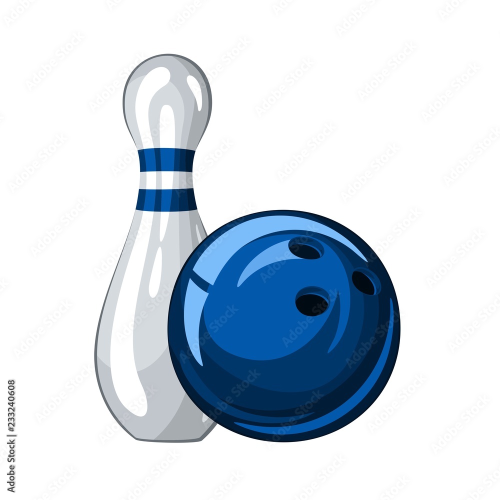 Vector Illustration Of Bowling Skittle And Blue Bowling Ball Isolated