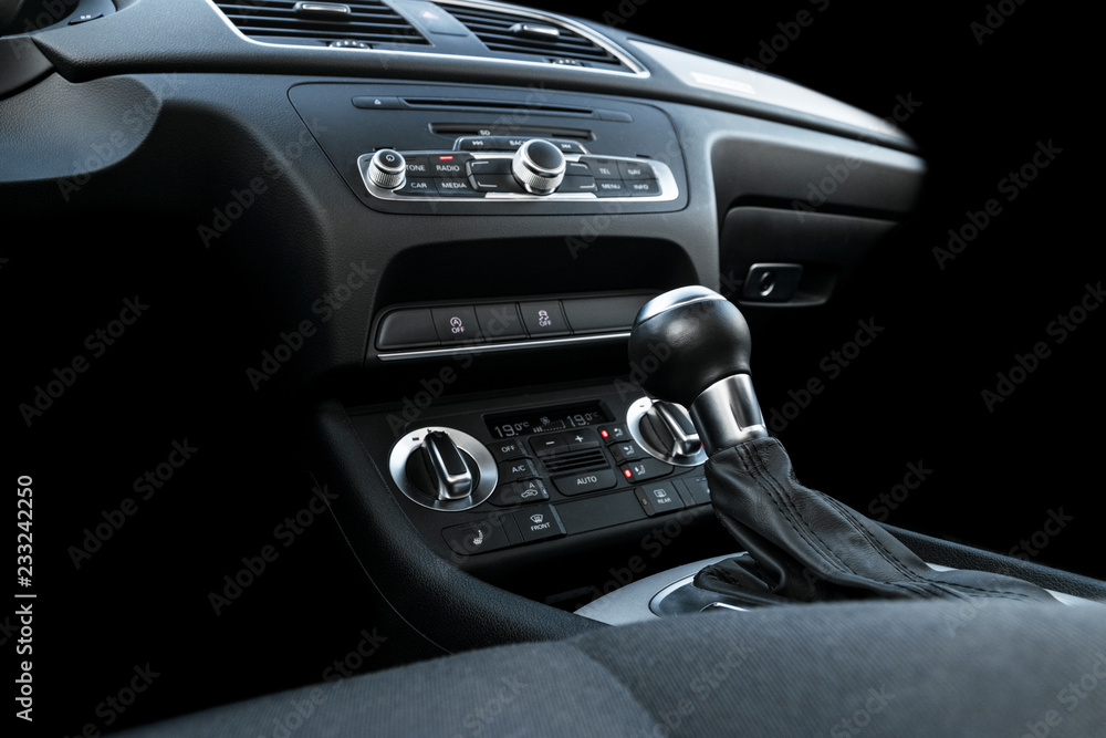 Modern Luxury sport car inside. Interior of prestige car. Black Leather ...