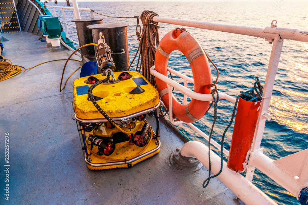 Remote operated vehicle mini ROV on deck of offshore vessel, Diving ...