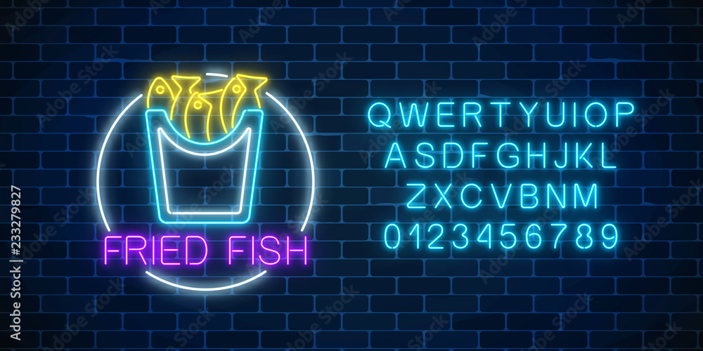 Neon glowing sign of fried fish in circle frame with alphabet. Fastfood ...