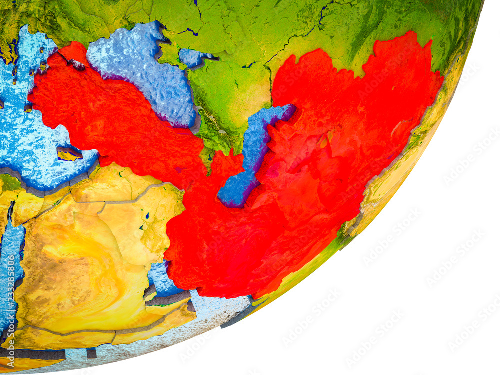 ECO member states on 3D model of Earth with water and divided countries ...