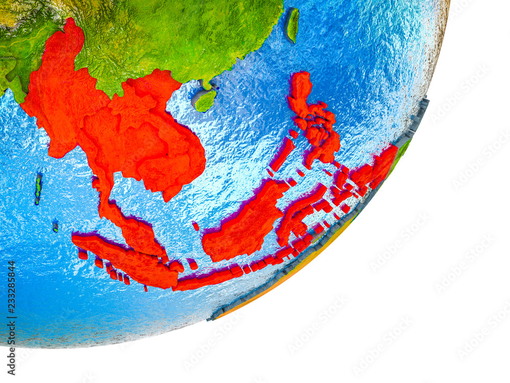 ASEAN memeber states on 3D model of Earth with water and divided ...