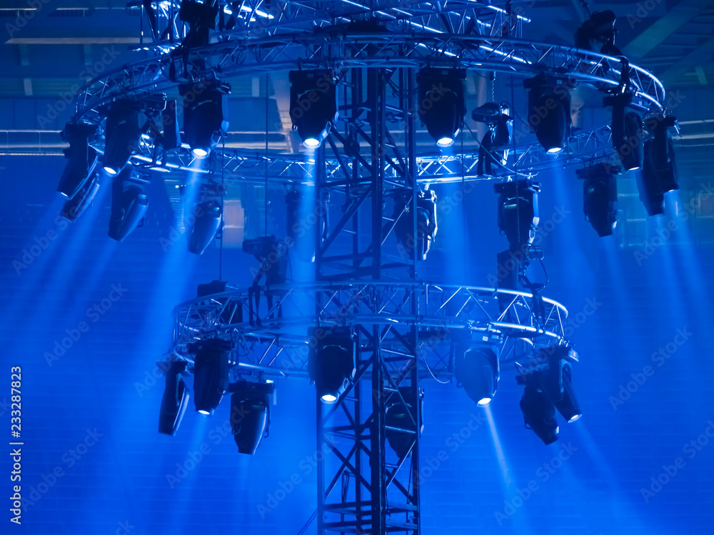 Stage light. Spotlights on the support. Light equipment on a metal ...