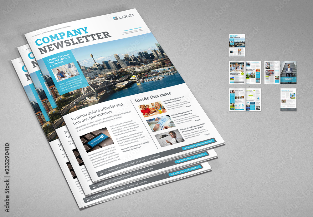 Business Newsletter Layout with Blue Accents Stock Template | Adobe Stock