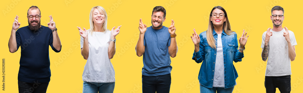 Collage of group people, women and men over colorful yellow isolated ...