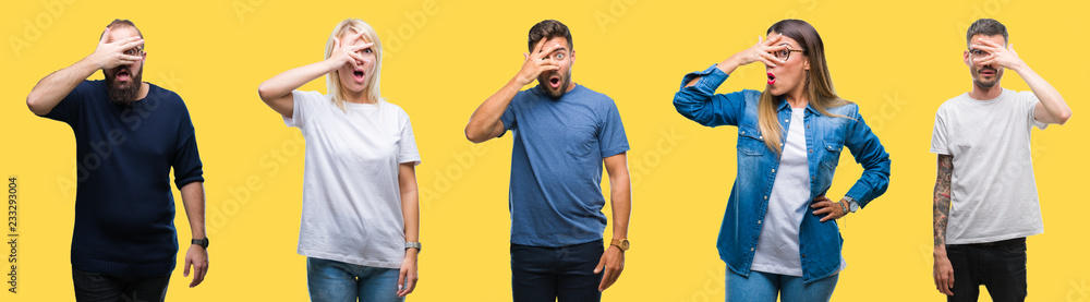 Collage of group people, women and men over colorful yellow isolated ...
