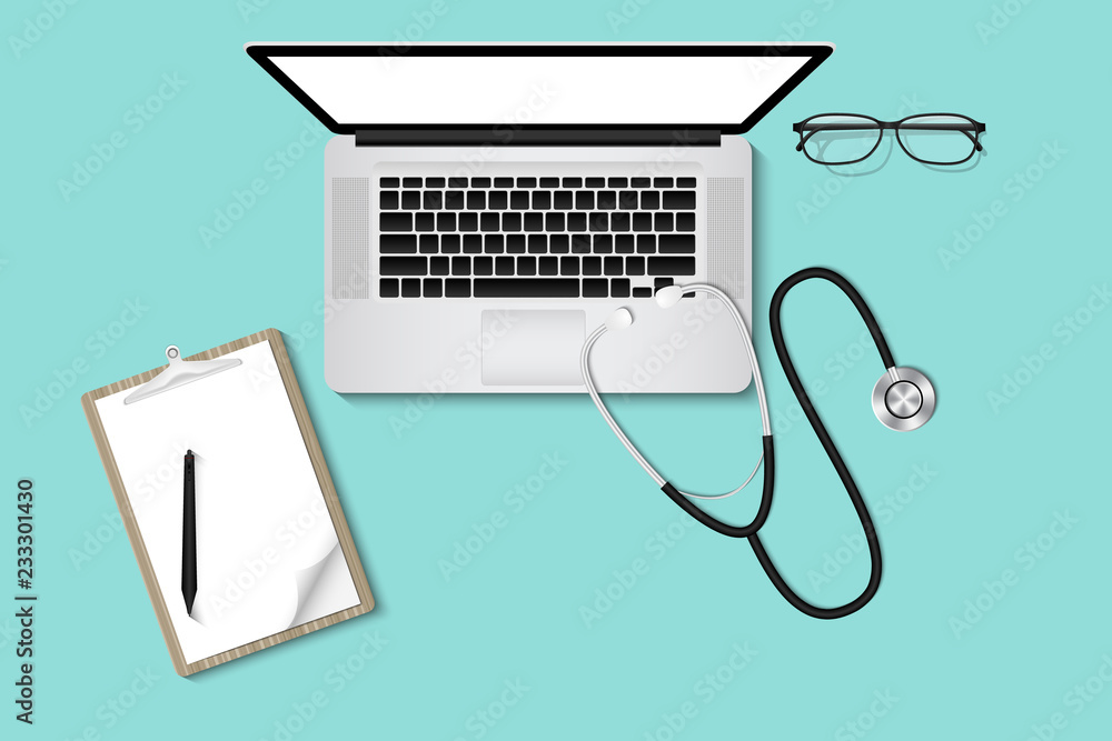 Doctor’s table desktop with personal equipment., Healthcare and ...
