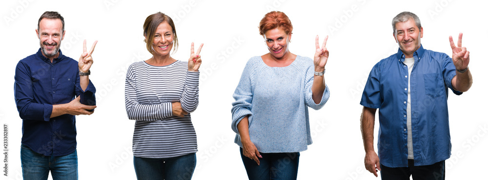 Collage of group of elegant middle age and senior people over isolated ...